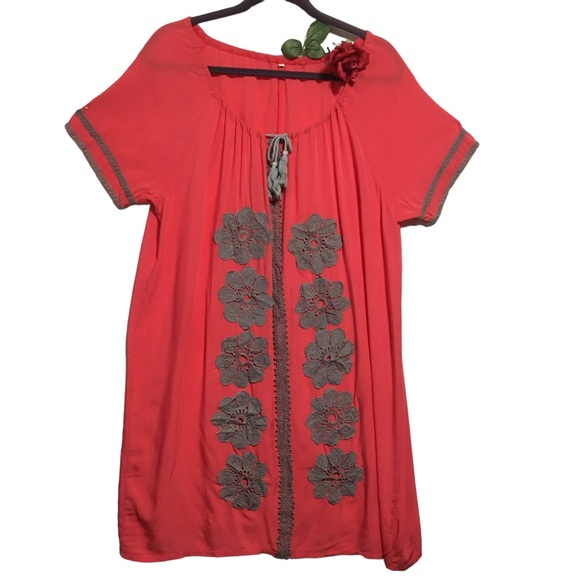 Tops | Coral Hobo Emb Floral Tie Front Tassels Beach Cover Up Tunic ...